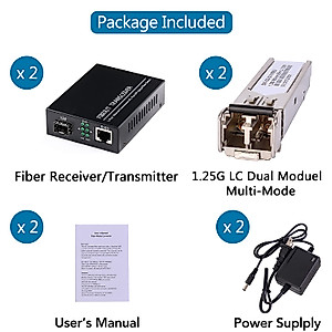 A Pair of 1.25G/s Bidi Gigabit Multi-Mode Fiber Ethernet Media Converter with 2PCS Bidi SFP LC Dual Transceiver Module Included, 10/100/1000Base-Tx to 1000Base-SX SMF RJ45 to SFP Slot up to 550M