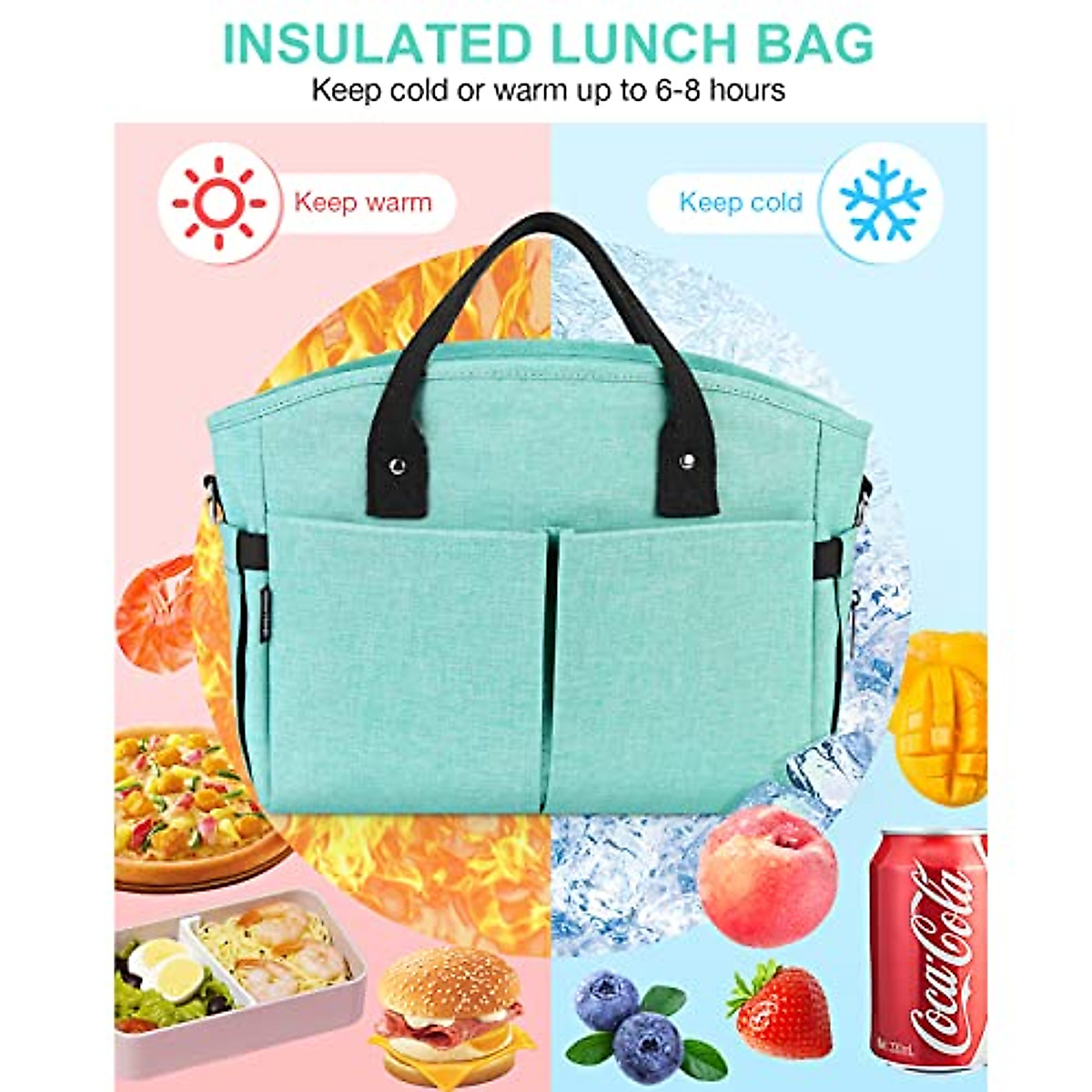 Glantop Insulated Lunch Bags for Women, Extra Large Lunch Tote Box with Shoulder Strap, Water Bottle Holders and Side Pockets, Leakproof Cooler Lunch Bag for Work Picnic Camping School Beach