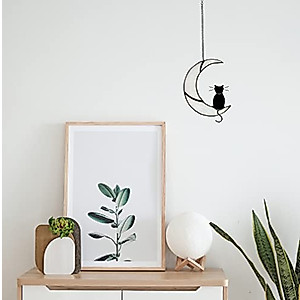 Black Cat Decor On White Moon Stained Glass Window Hanging Suncatcher for Windows Panels Sun Catcher Halloween Ornament Decoration Memorial Gift Cat for Lover Cat Loss