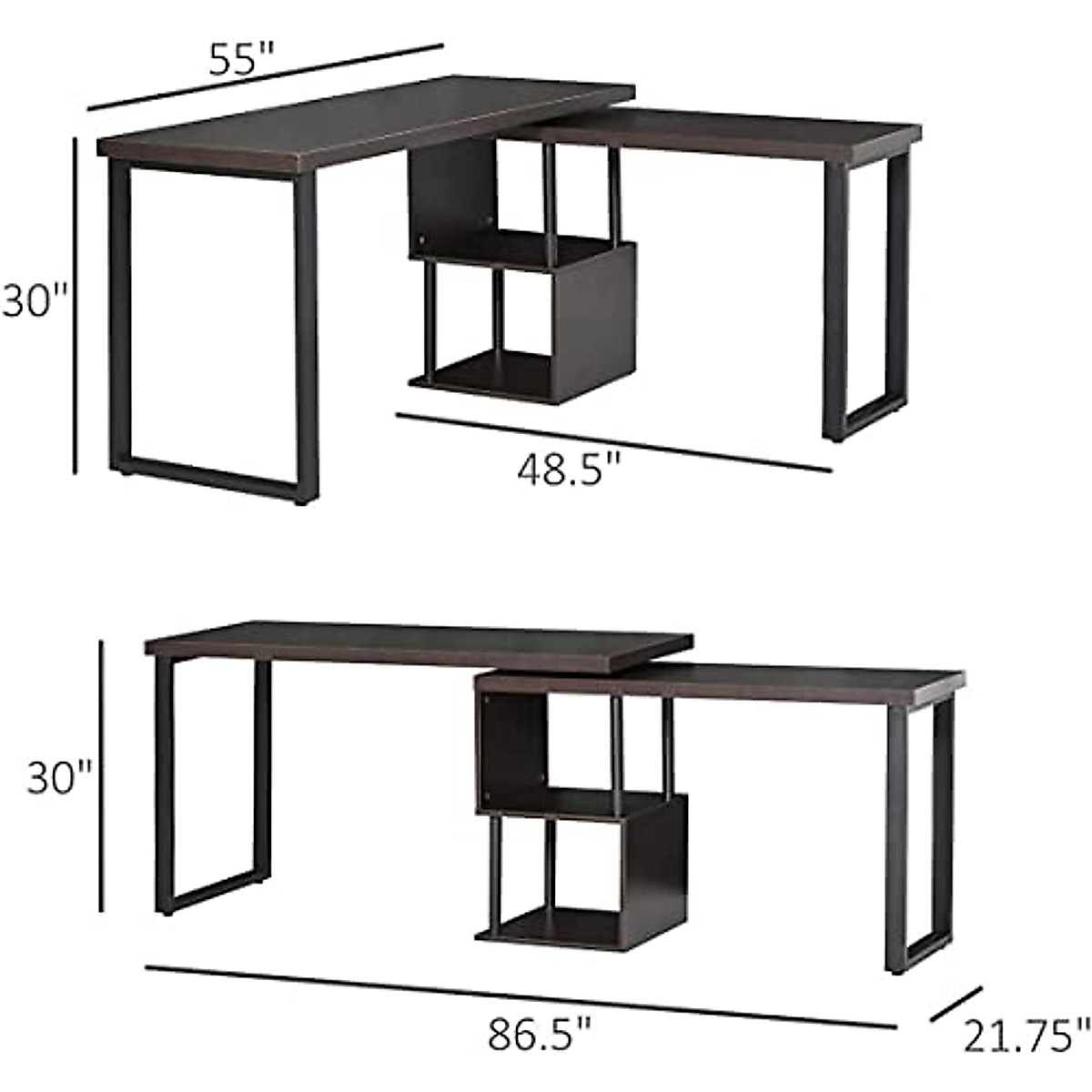 Royal Wood 55" 360° Rotating L-Shaped Home Office Computer Desk, Rotating Corner Desk with Storage Shelves, Left or Right Side Combo Table, Study Writing Desk Two Workstations,Espresso