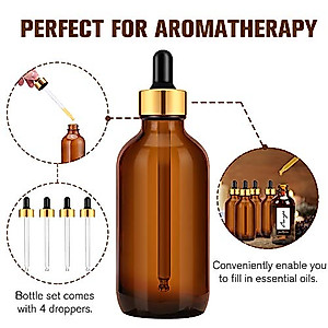 PrettyCare Eye Dropper Bottles 4 oz 4 Pack (Glass Bottles 120ml with Golden Caps, 12 Labels, Funnel & Measured Pipettes) Empty Tincture Bottles for Essential Oils (Amber)