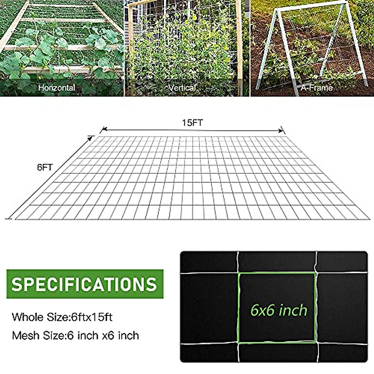 Trellis Netting, CANAGROW Heavy-Duty Garden Plant Trellis Netting for Climbing Plants, Outdoor Indoor Grow Net for Beans Tomatoes Peas Pumpkin Flowers, 6 x 15ft, 1 Pack
