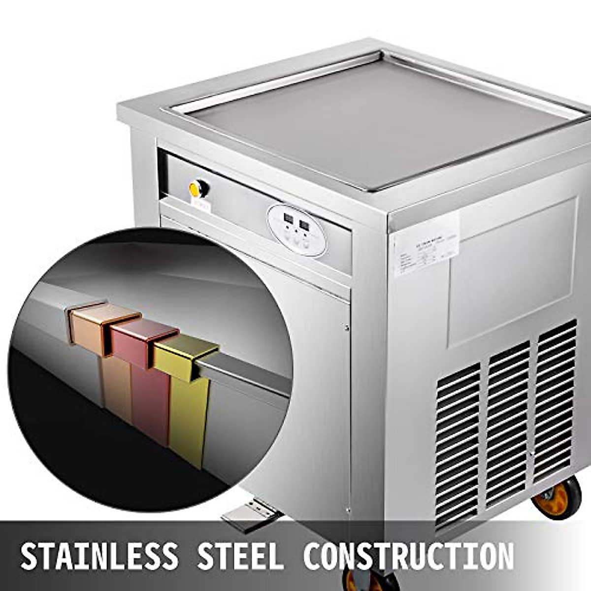 VEVOR Commercial Rolled Ice Cream Machine, 1350W Stir-Fried Yogurt Cream Maker, Ice Cream Roll Machine w/ 19.7-Inch Square Pan, 2 Defrost Methods (Button & Pedal), Perfect for Bars Cafes Dessert Shops