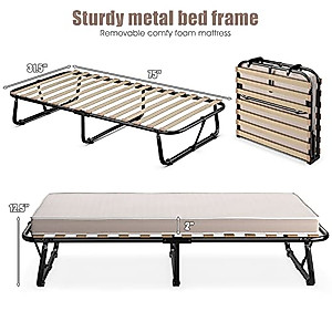 Giantex Folding Rollaway Bed with Mattress for Adults, Cot Size Portable Guest Bed with Memory Foam Mattress for Bedroom Office, Fold up Bed with Steel Frame & Wood Slats, Easy Storage, Made in Italy