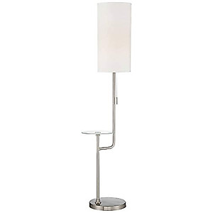 Possini Euro Design Piccolo Modern Floor Lamp with Tray End Table 60 1/2" Tall Brushed Nickel Silver Tempered Glass White Cylinder Shade Decor for Living Room Reading House Bedroom Office
