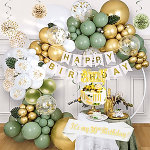 GYESXYW Sage Green 30th Birthday Decorations for Women, Olive Green and Gold 30th Birthday Decorations Set, Happy Birthday Banner, Birthday Sash, Crown, Confetti Balloons for Her Women Party Supplies