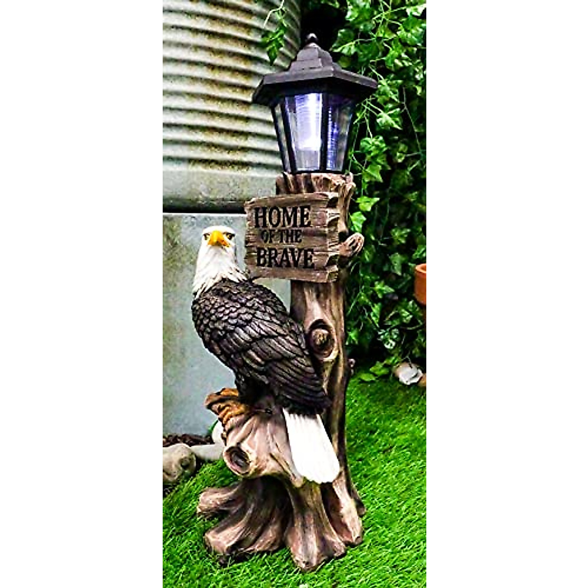 Ebros Home of The Brave Patriotic American Bald Eagle Perching On Tree Stump Garden Courtesy Night Light Statue Solar LED Lantern Lamp Guest Greeter Decor for Patio Poolside Home Figurine