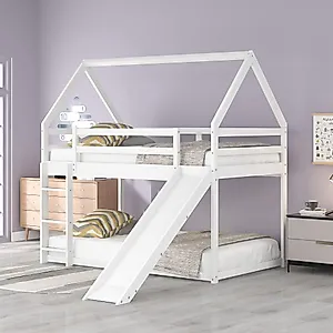 DreamBuck House Bunk Bed with Slide, Solid Wood Low Bunk Bed Twin Over Twin with Roof and Safety Guardrail, Twin Floor Bunk Bed for Kids Teens Girls Boys, No Box Spring Needed, White