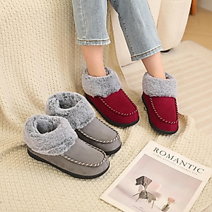 VONMAY Women's Bootie Slippers Suede Moccasin Boots Fuzzy Plush Faux Fur House Shoes Winter Warm Memory Foam Non-slip Indoor Outdoor, Red, Size 11