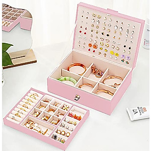 QBestry Stud Earring Organizer for Girls Stud Box for Earrings Necklace Jewelry Organizer Studs,Girls Earring Box for Womens, Holder Rings Organizer Jewelry Earring Storage Box,Pink