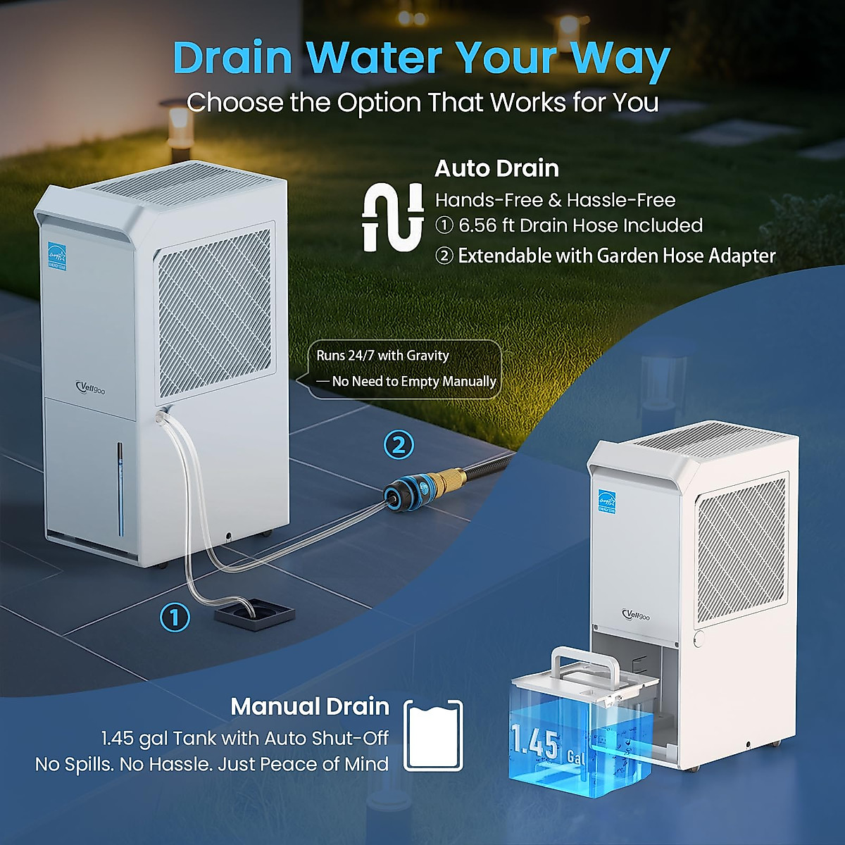 Vellgoo 4,500 Sq.Ft Energy Star Dehumidifier for Basement with Drain Hose, 52 Pint DryTank Dehumidifiers for Home Large Room, Intelligent Humidity Control