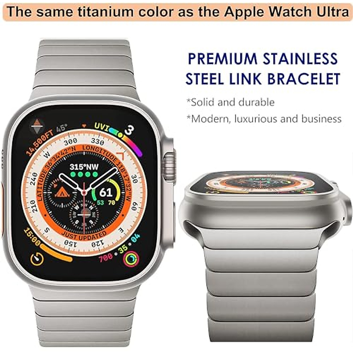 WINGLE for Apple Watch Ultra 2 Band 49mm 45mm 44mm 42mm Series 9 8 7 for Men, Stainless Steel Bands Metal Strap Wristband for Apple Watch iWatch Ultra/Ultra 2 SE 6 5 4 3 2 1 Link Women, Titanium