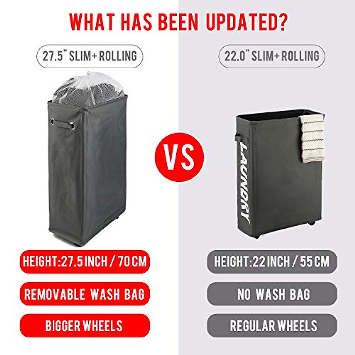 Laundry Hamper, Caroeas 27.5-inches Rolling Laundry Basket Collapsible Tall Slim Laundry Hamper with Washable & Breathable Mesh Liner Waterproof & Dustproof Laundry Cart on Wheels