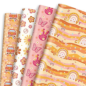 Whaline 12 Sheet Groovy Hippie Wrapping Paper 4 Style Boho Rainbow Daisy Pattern Packaging Paper Retro Groovy DIY Art Craft Paper for Birthday Baby Shower Party, 19.7 x 27.6 Inch, Folded Flat
