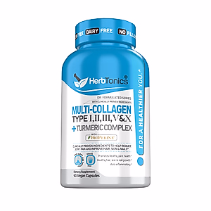Multi Collagen Complex (Types 1 2 3 5 and 10) | Hydrolyzed Collagen Peptides | Collagen for Women & Men | Hair, Skin, Nails, Joint Support (with Turmeric) | 90 Capsules