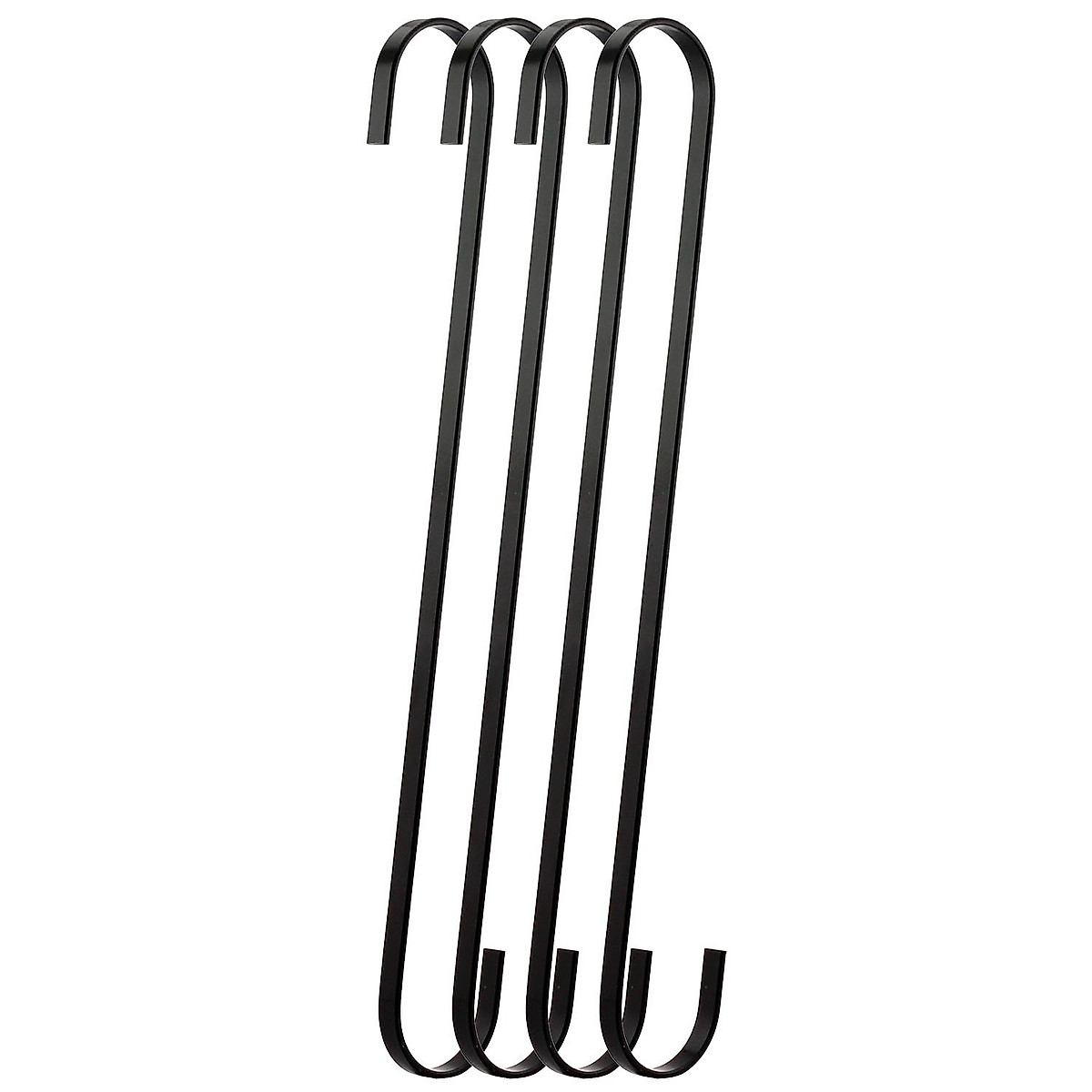 RuiLing 4-Pack 12 Inch Black Chrome Finish Steel Hanging Flat Hooks - S Shaped Hook Heavy-Duty S Hooks, for Kitchenware, Pots, Utensils, Plants, Towels, Gardening Tools, Clothes
