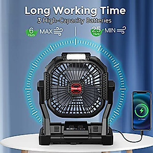 RORJOY Rechargeable Camping Fan with Led Lantern-25h Battery Operated Cordless Portable Fan with Quiet Brushless Motor.Hanging Hook,4 Speeds,Usb Desk Fan Tent Fan For Home, Office,Tent,Camping