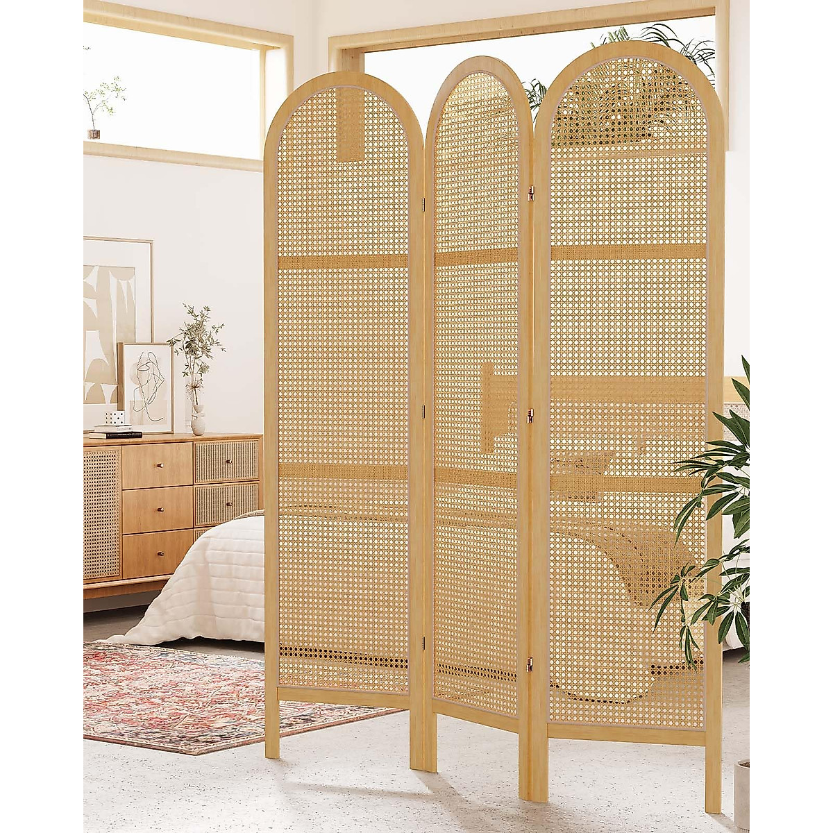 Svimi Room Dividers and Folding Privacy Screens, 5.6 Ft Double Hinged Rattan Partition Freestanding Wall Room Divider for Home - 3 Panels (Natural)