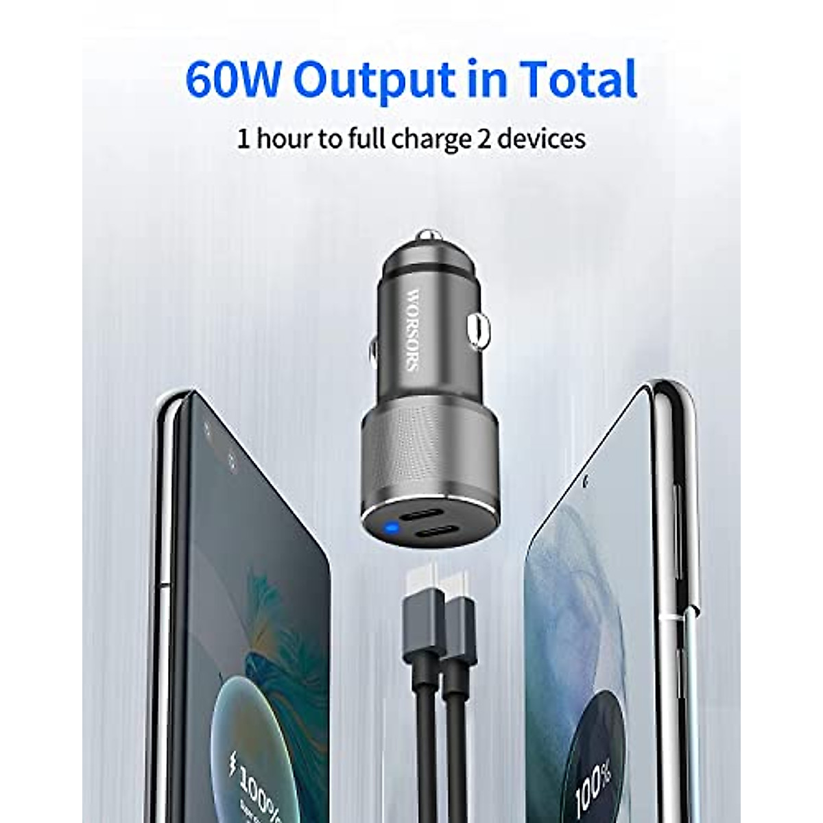 Dual USB C Car Charger, 60W PD (30W + 30W) Super Fast Charging Adapter Metal for Samsung Galaxy S23 Ultra/S23 Plus/S23/S22 Ultra/S22+/S21/S20/S10/Fe, Note 20/10, iPad Pro + 2X Type C to C Cable 3.3Ft