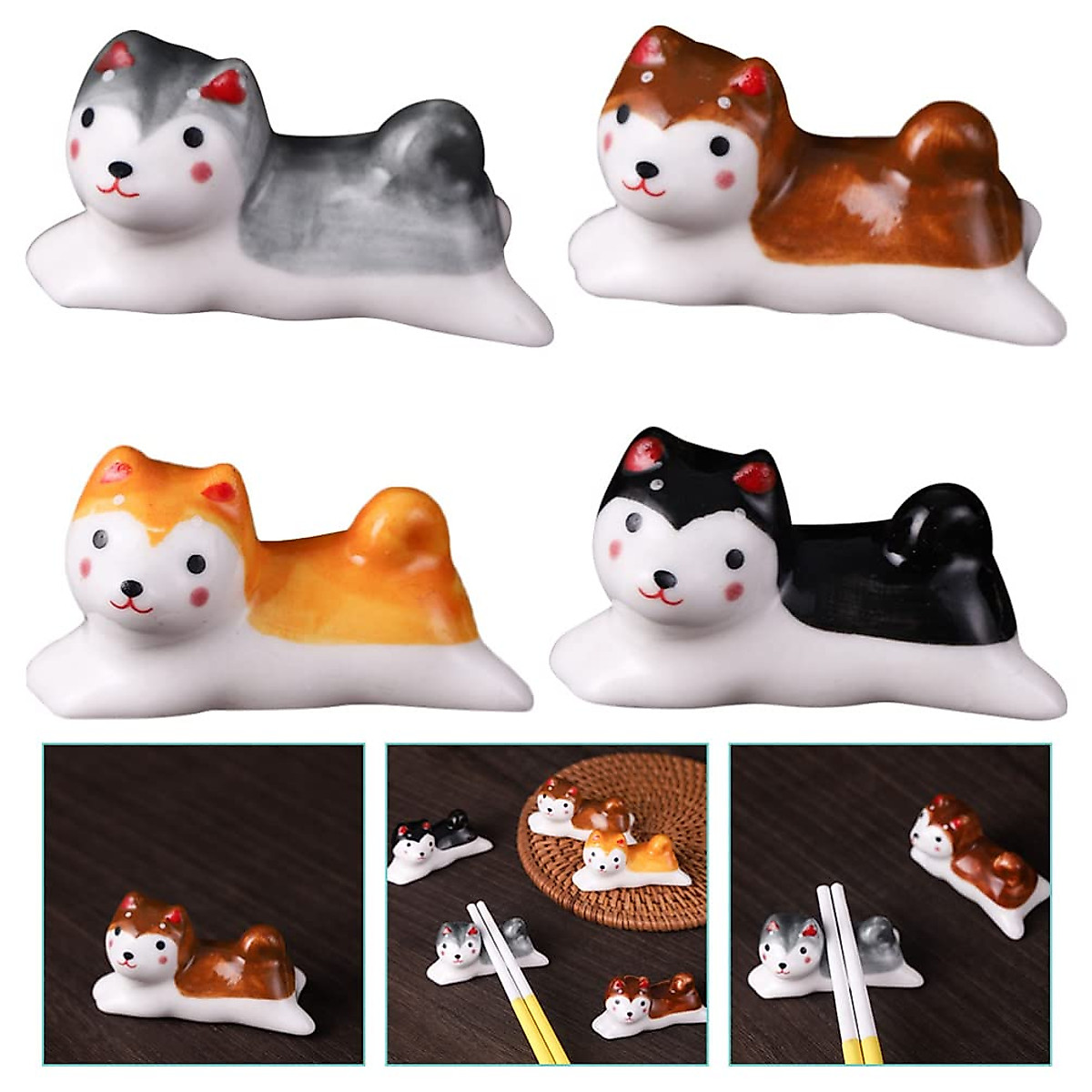 Operitacx 4Pcs Ceramic Cute Dog Chopsticks Rest Dinner Spoon Rest Stand Knife Fork Chopstick Holder Fork Spoon Racks Desktop Decor