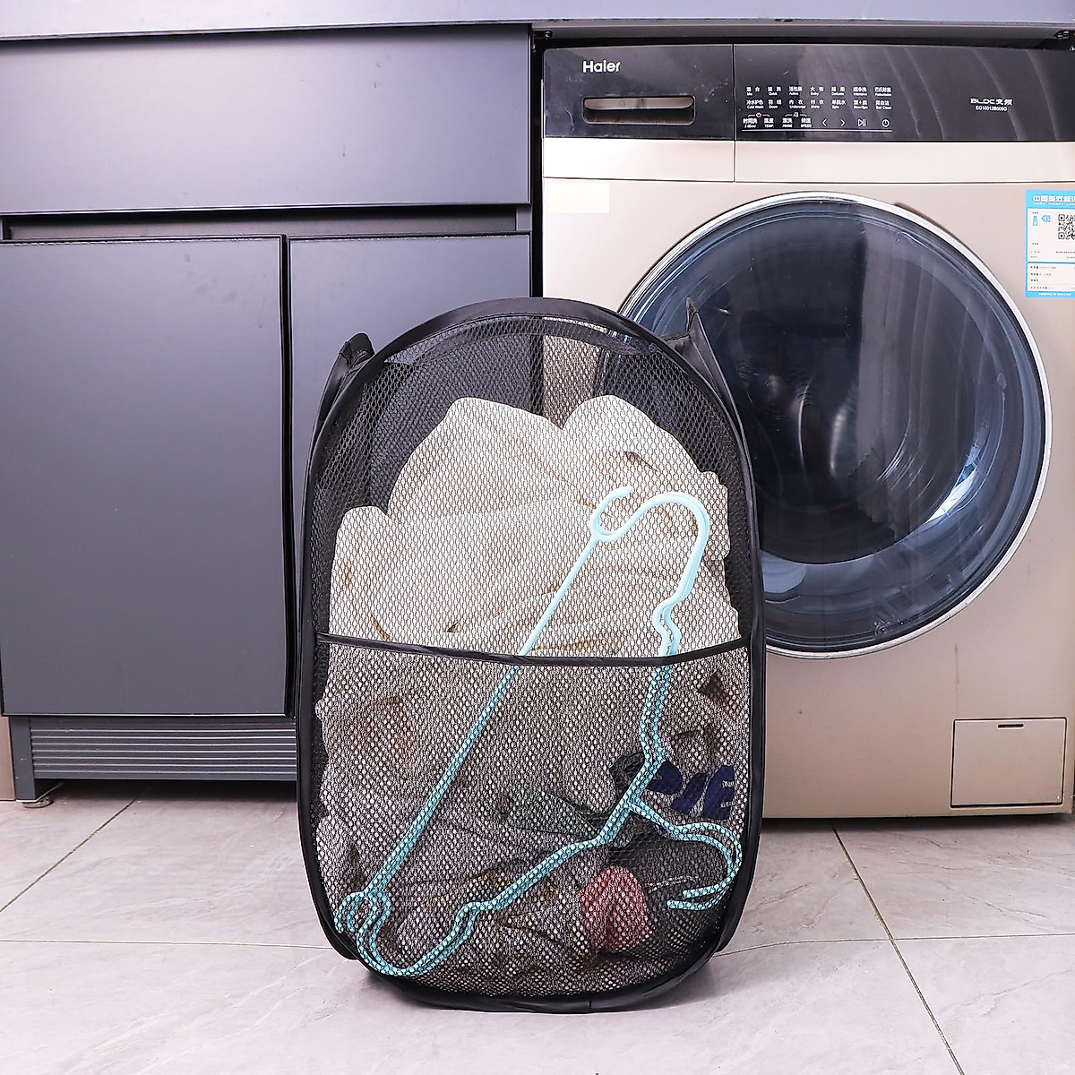 Foldable Mesh Popup Laundry Hamper,Laundry Basket Easy to Open and Fold for Dorm,Travel, College Dorms, and More (2 black)