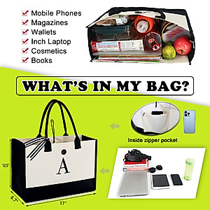 BeeGreen Initial Canvas Tote Bag Teacher Appreciation Gifts Embroidery Monogram 13oz Canvas Personalized Gifts with Pocket Bridal Shower Gift Large Beach Bags Birthday Gifts for Women Unique A