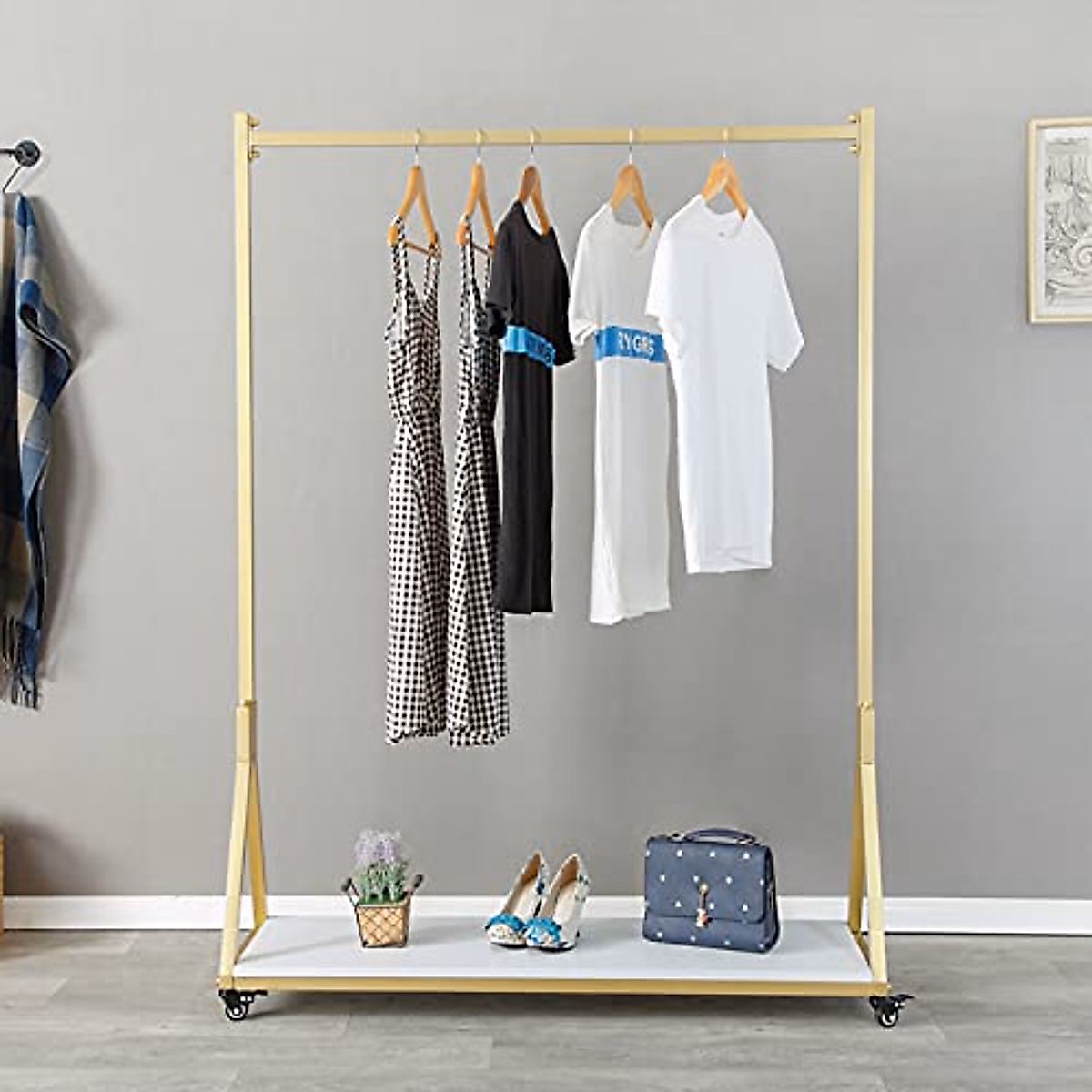 Ethemiable Clothing Store Modern Rolling Clothing Display Stands with Wheels,Storage Shoe Bag Pipe Shelf,Organization Garment Rack,Home Clothes Hanging Shelves（Gold with Wood Board, 47.2" L）