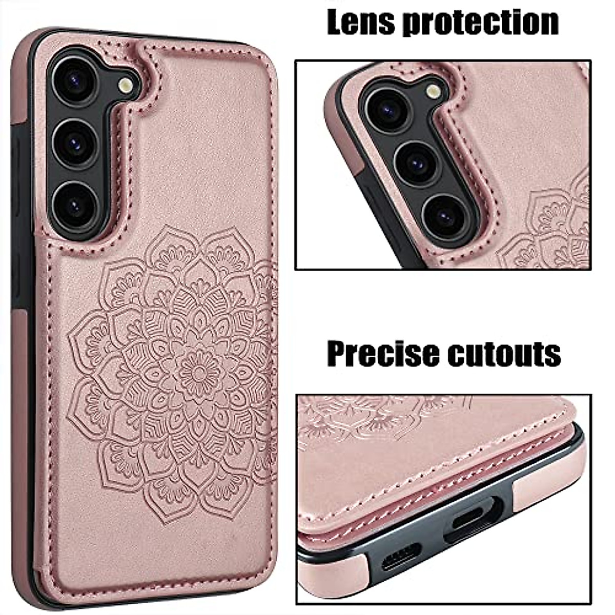 MMHUO for Samsung Galaxy S23 Case with Card Holder,Flower Magnetic Back Flip Case for Samsung Galaxy S23 Wallet Case for Women,Protective Case Phone Case for Samsung Galaxy S23 5G (2023),Rose Gold