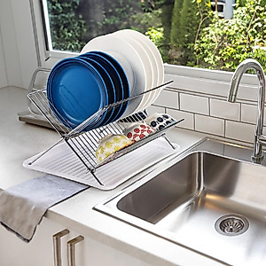 Youeon Foldable Dish Drying Rack with Drainboard, Stainless Steel 2 Tier Dish Drainer Rack, Collapsible Dish Drainer, Folding Dish Rack for Kitchen Sink, Countertop, Cutlery, Plates, Dishes