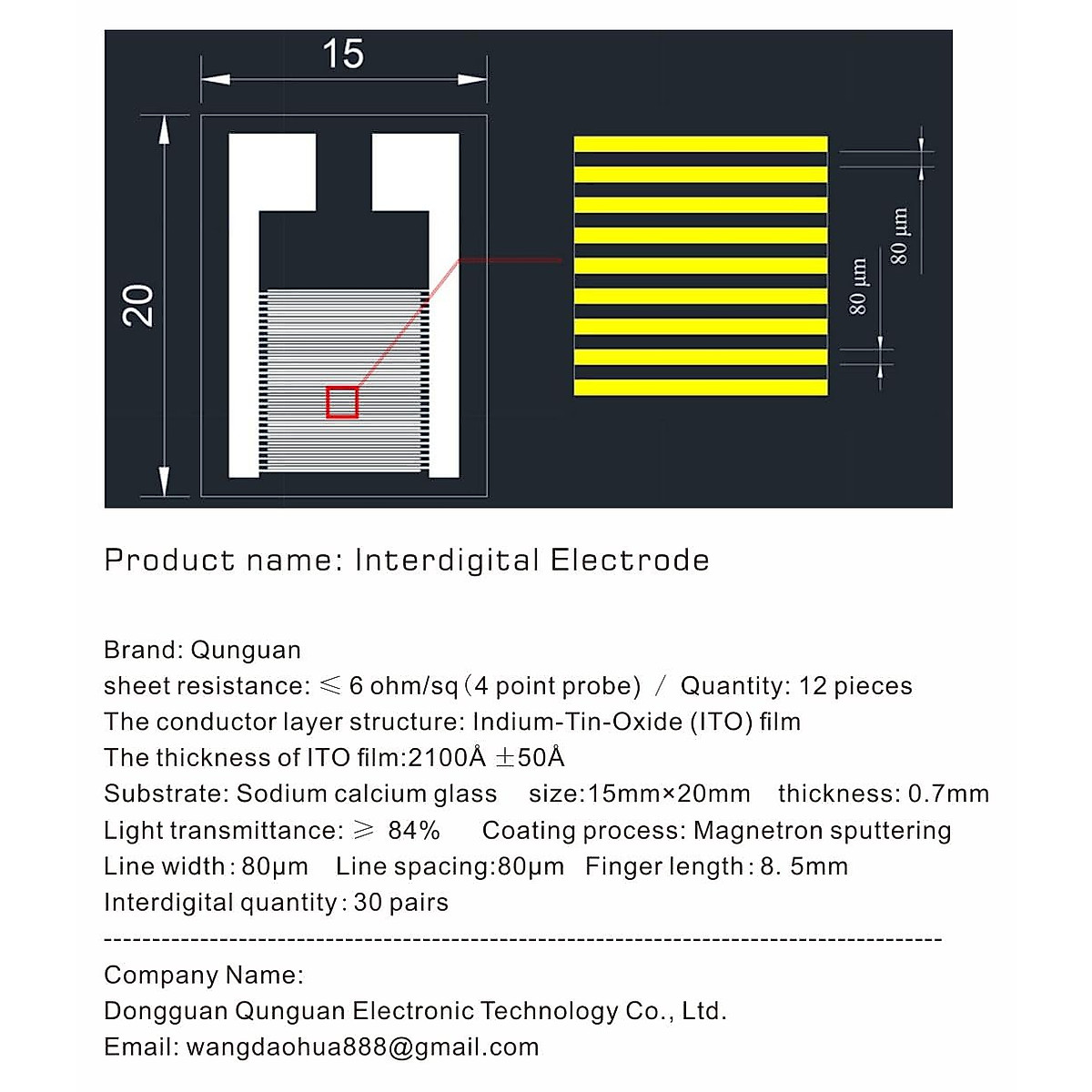Qunguan IDE（Interdigital Electrode) on ito Glass 80μm Indium-Tin-Oxide Film Superpolar Conductivity Transparent Biosensor Medical Chemical Optical Sensor Chip (15mm×20mm, 12 pcs)