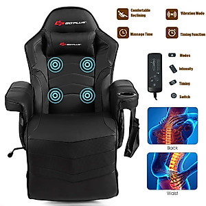 POWERSTONE Gaming Recliner Massage Gaming Chair with Footrest Ergonomic PU Leather Single Sofa with Cup Holder Headrest and Side Pouch, Adjustable Living Room Chair Seating, Black