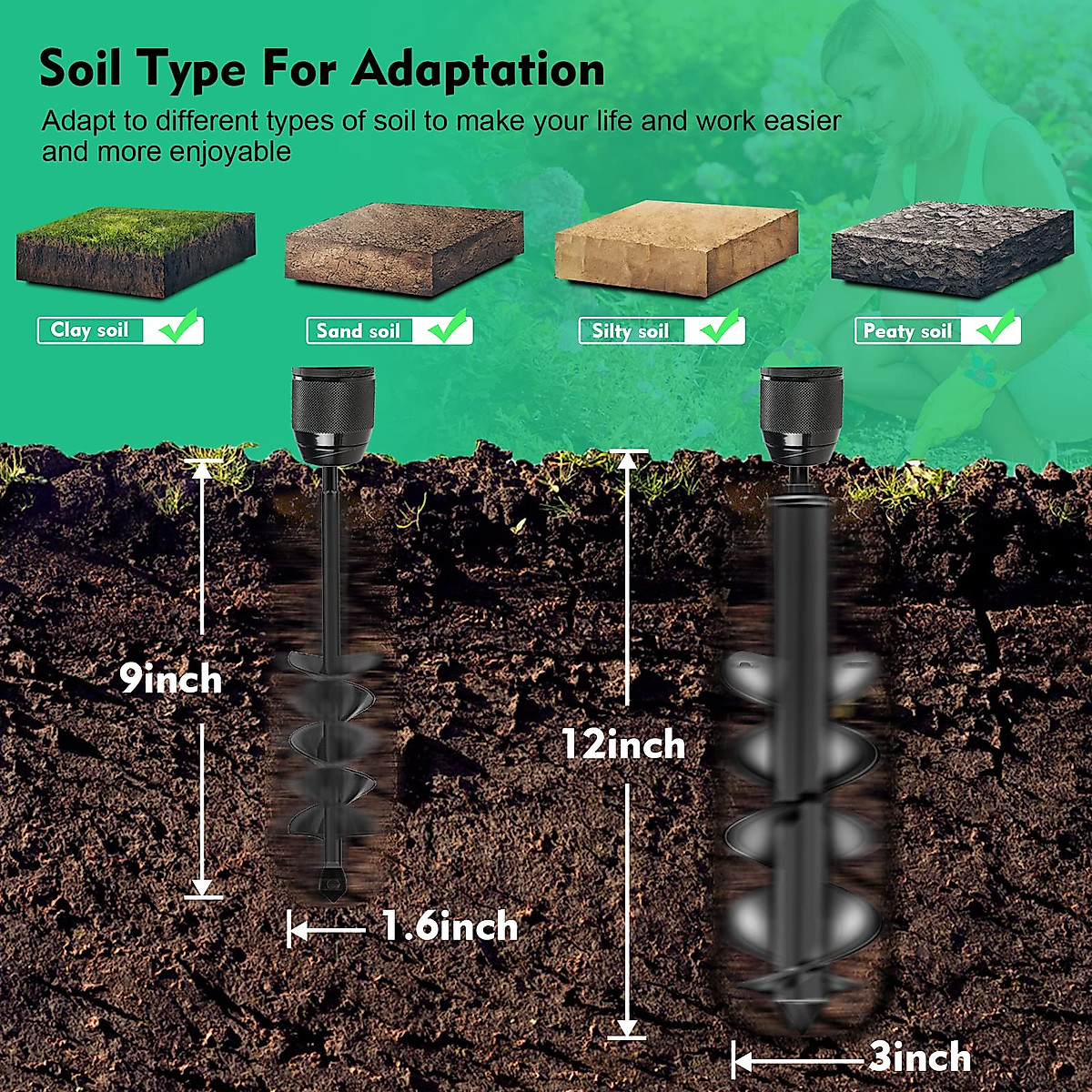Auger Drill Bit for Planting 1.6"x9" 3"x12" Garden Spiral Set Auger Post Hole Digger for Bedding Plant Bulbs Planter Flowers Umbrella Ice Hole for 3/8” Hex Drive Drill, Garden Gloves 14x Plant Labels