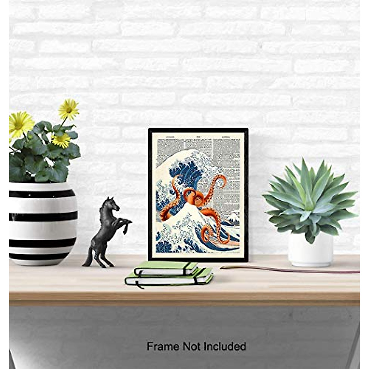 Japanese Kanagawa Wave Octopus Dictionary Wall Art Decor - Retro 8x10 Upcycled Home Decoration for Office, Apartment, Beach House, Living Room, Bedroom, Bathroom - Gift for Steampunk, Goth, Ocean Fans