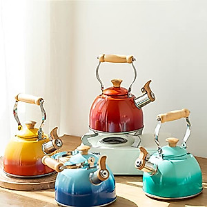ROCKURWOK Whistling Tea Kettles, 1.6 QT/50 OZ, Small Tea Kettle, Universal Base for Induction, Gas, Electric, Halogen, Radiant, Wooden Handle for Cool Touch,Gradient Red