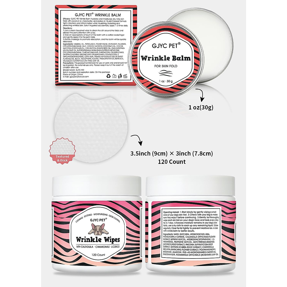 GJYC PET Wrinkle Wipes + Wrinkle Balm for Dogs | Bulldog, French Bulldog, Pug, English Bulldog | Cleans & Soothes Wrinkles, Folds, Tear Stain, Tail Pockets & Paws