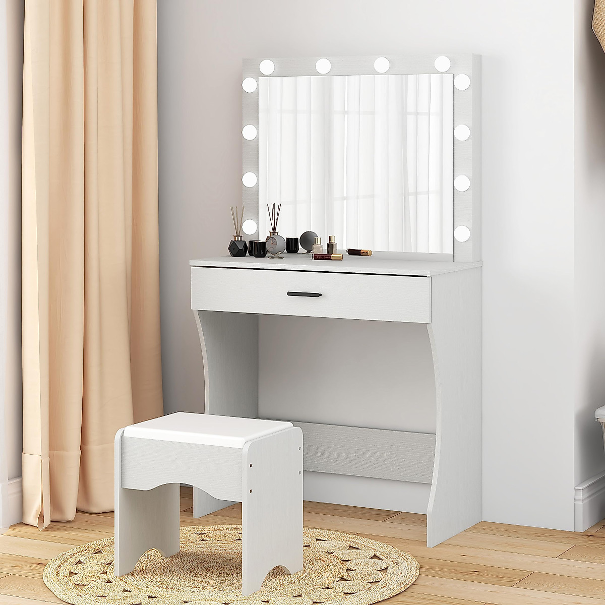 Vanity Desk with Mirror and Adjustable Lights, One Drawer Storage Makeup Table with Stool - Vanity Set for Bedroom (White)