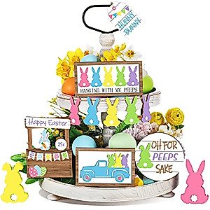 12 Pcs Easter Tiered Tray Decor Set Easter Bunny Wood Sign Rustic Farmhouse Decor Tiered Tray Decorative Trays Signs for Easter Table Holiday
