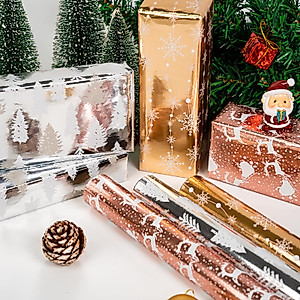 LDGOOAEL Mini Short Small Christmas Wrapping Paper Roll with Cut Lines on Reverse (17" X 120" Per Roll) - Gold Sliver Rose Gold with Deer&Snowflake&Tree Design for Holiday, Birthday