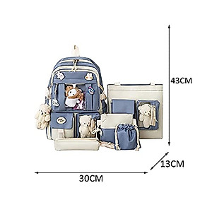 5Pcs Set Kawaii Canvas School Backpack, Cute Kids Backpack for Girls 17in with Badge, Pendant, Shoulder Bag, Pencil Box, Tote Bag, Small Bag (BLACK)
