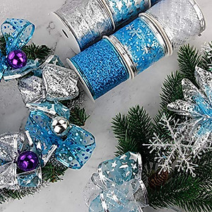 VATIN Christmas Ribbon,Wired Holiday Party Ribbons Assorted Snowflake Dot Holly Star Patterns Decorations, Swirl Sheer Glitter Ribbon 36 Yards (2.5" Width x 6Yard Each Roll) -Blue/Silver