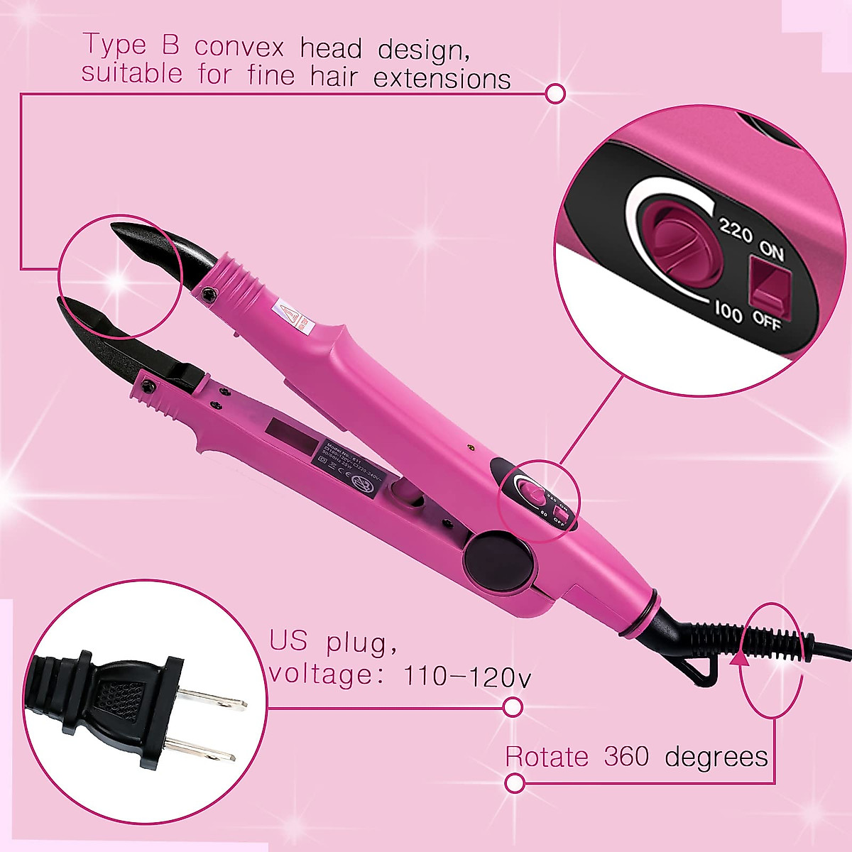 Fusion Heat Connector Wand with U Tip, 2 Bags of Keratin Glue Beads - Professional Hair Extensions Tool for C Head (Pink)
