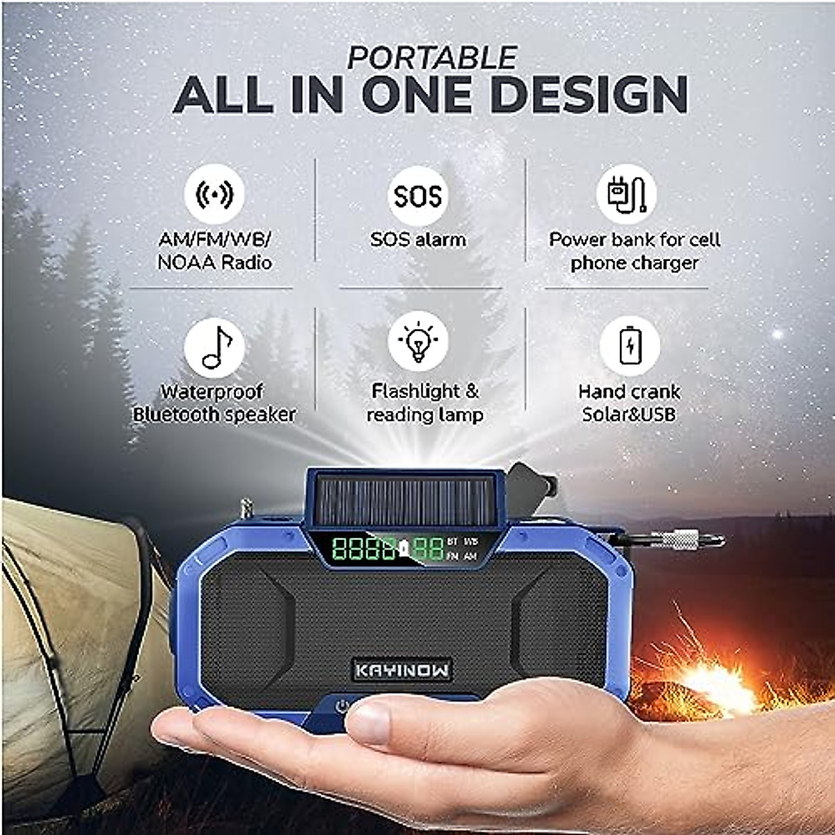Bluetooth Hand Crank Emergency Radio Solar Power,Portable AM FM Radio Speaker,NOAA Weather Radio Flashlight Phone Charger,5000mAh Battery,SOS,Outdoor Waterproof Survival Wind up Storm Radio
