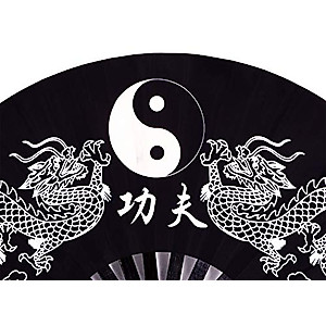 Amajiji Large Rave Folding Hand Fan for Men/Women, Chinese Japanese Kung Fu Tai Chi Handheld Fan Performance Fan Festival Gift Fan Craft Fan Folding Fan Dance Fan (Black Dragon)