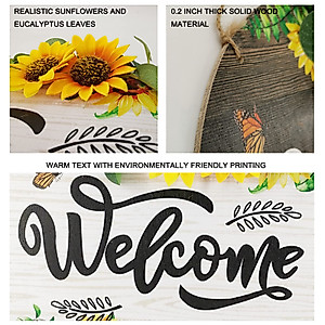 Autonomier Sunflower Welcome Sign for Front Door 12 Inch Sunflower Front Porch Decor Farmhouse Rustic Round Wooden Hanging Sign with Artificial Sunflower and Eucalyptus Leaves for Home Garden (White)