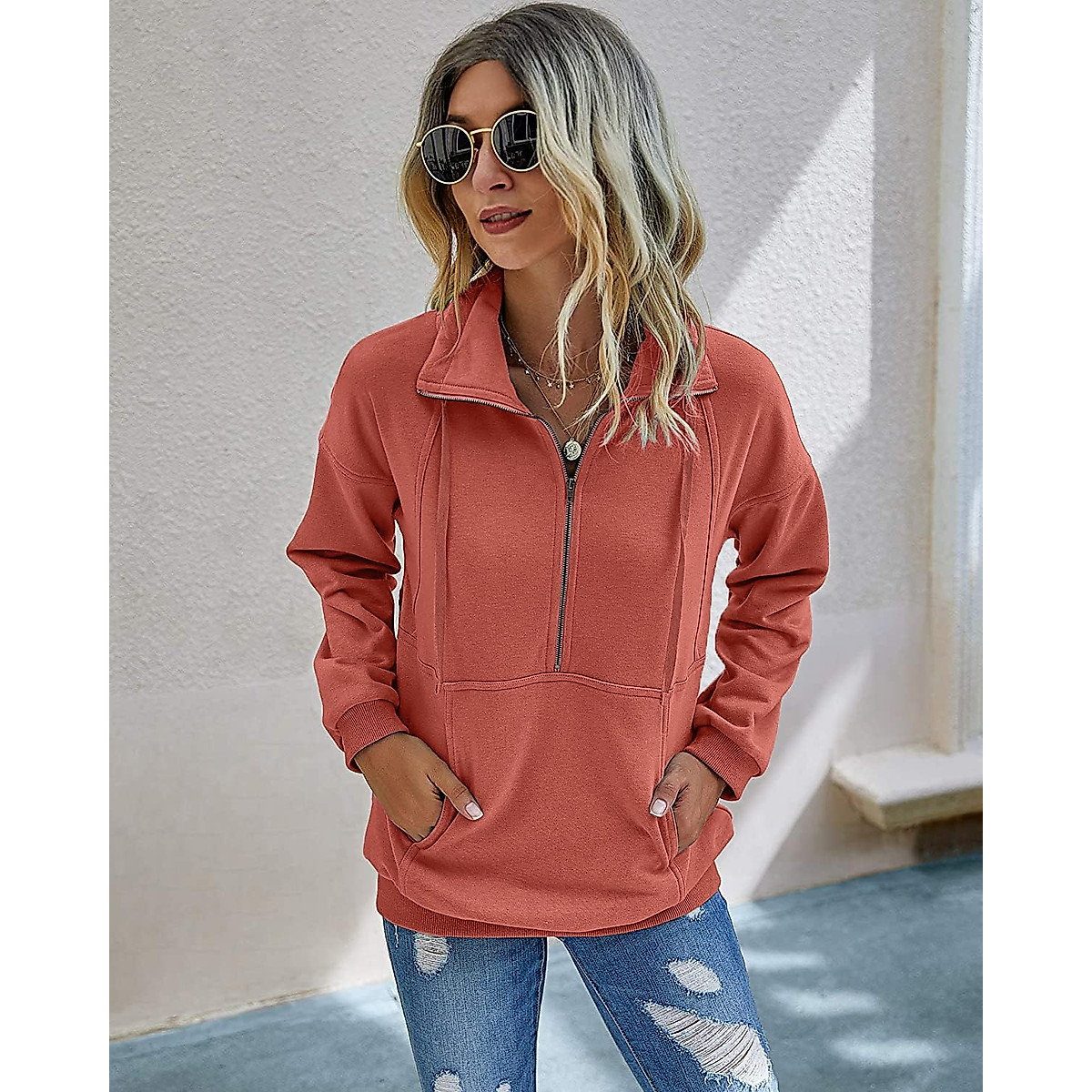 PRETTYGARDEN Women’s Casual Long Sleeve Lapel Zipper Sweatshirt Drawstring Loose Pullover Tops Orange Red