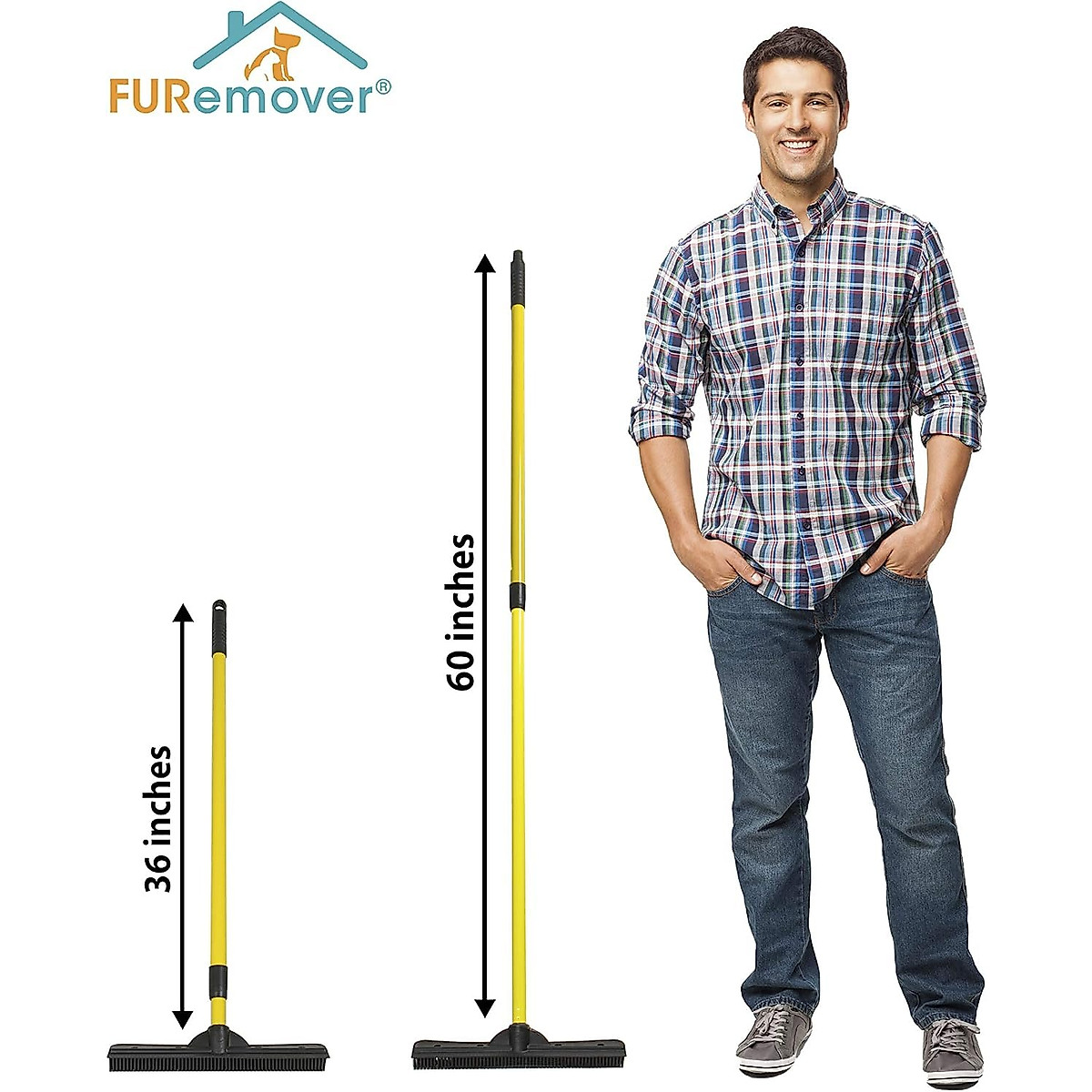 FURemover Pet Hair Removal Broom and Lint Brush Combo with Squeegee and Telescoping Handle That Extends from 3-5', Lint Brush Colors May Vary