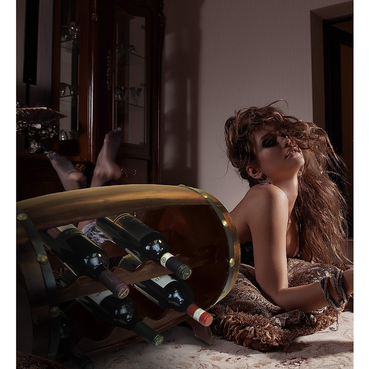 Puzzled Napoleon Wine Rack - Freestanding Wooden Barrel Wine Holder for 10 Wine Bottles, Bottle Rack Floor Stand, Table Top, Rustic Countertop Wine Storage Shelf Organizer for Wine Bar & Home Decor