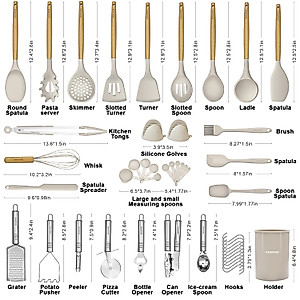 Silicone Kitchen Utensils Set, 46 pcs Cooking Utensils Set-Silicone Spatula Set- Kitchen Gadgets and Tools with Holder-Wooden Handle Silicone Kitchen Utensil with Tongs,Grater (Khaki)