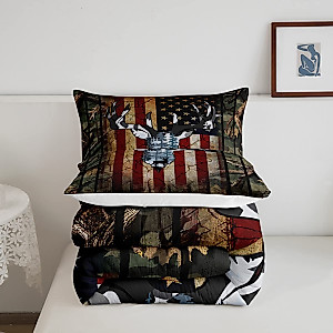 Feelyou Green Camo American Flag Bedding Set Deer Antlers Animal Hunting Camo Comforter Comforter Set Army Camouflage Camping Duvet Set Twin Size with 1 Pillow Case Boys