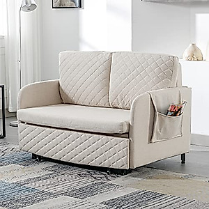 UFINEGO Sleeper Sofa Bed with Pull Out Couch Bed, Upholstery Linen Loveseat Sofa Couch, Modern Pull Out Couch with Under Bed Storage, 2 Pillows & Side Pocket for Living Room Apartment